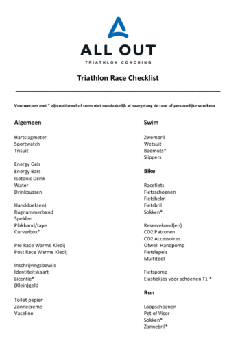 De All Out Triathlon Race Checklist - All Out